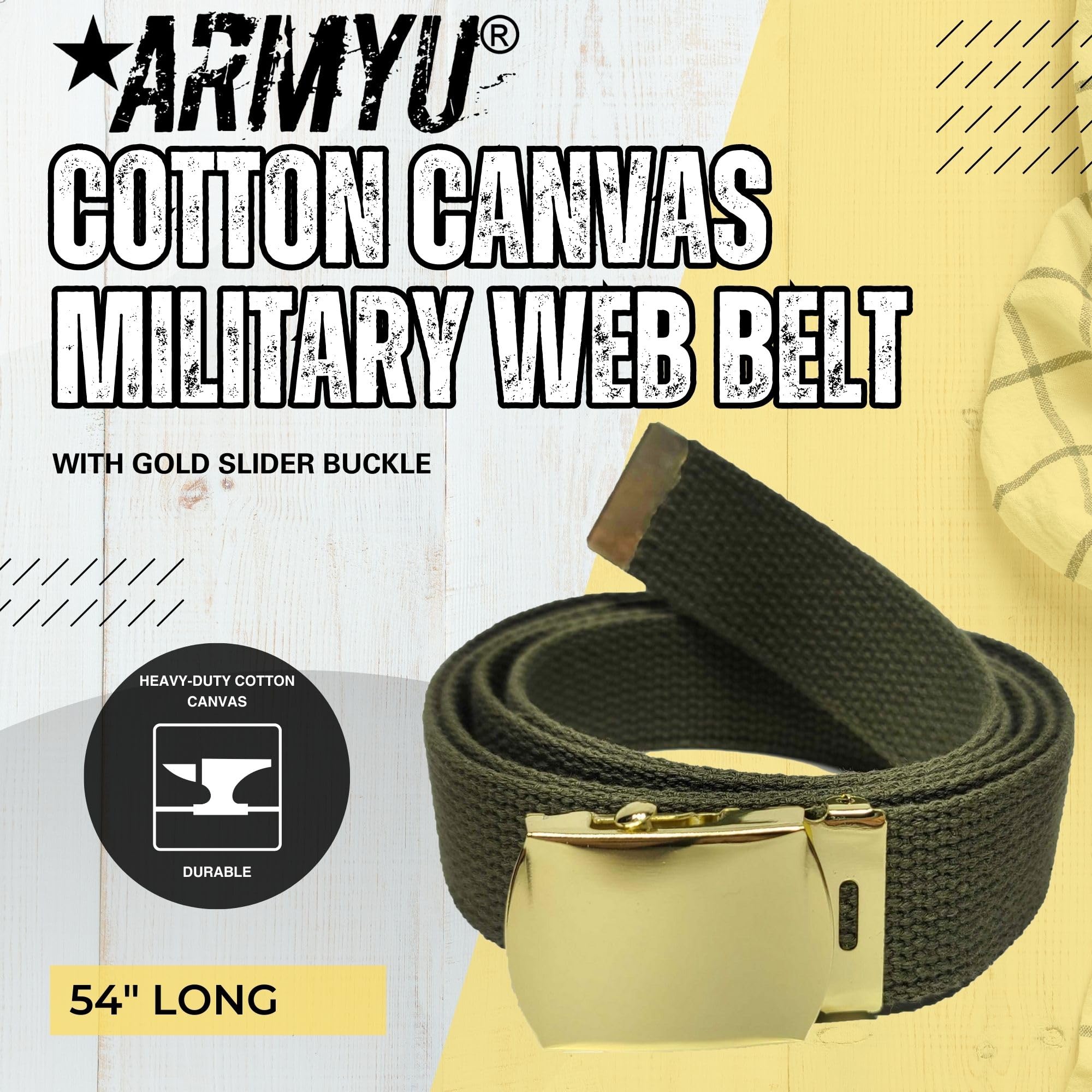 Army Universe 100% Cotton Canvas Military Web Belt 54" (Black Belt - Gold Buckle)