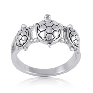 silvercloseout rhodium plated sterling silver womens three turtle ring - size 9