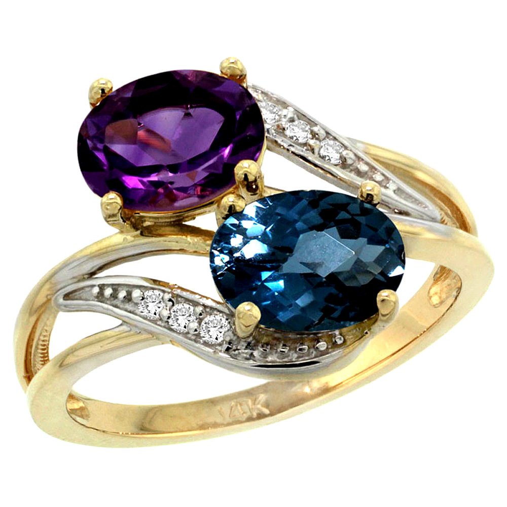 Silver City Jewelry 10K Yellow Gold Diamond Amethyst & London Blue Topaz 2-Stone Ring Oval 8x6mm, Size 8