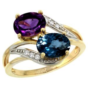 silver city jewelry 10k yellow gold diamond amethyst & london blue topaz 2-stone ring oval 8x6mm, size 8.5