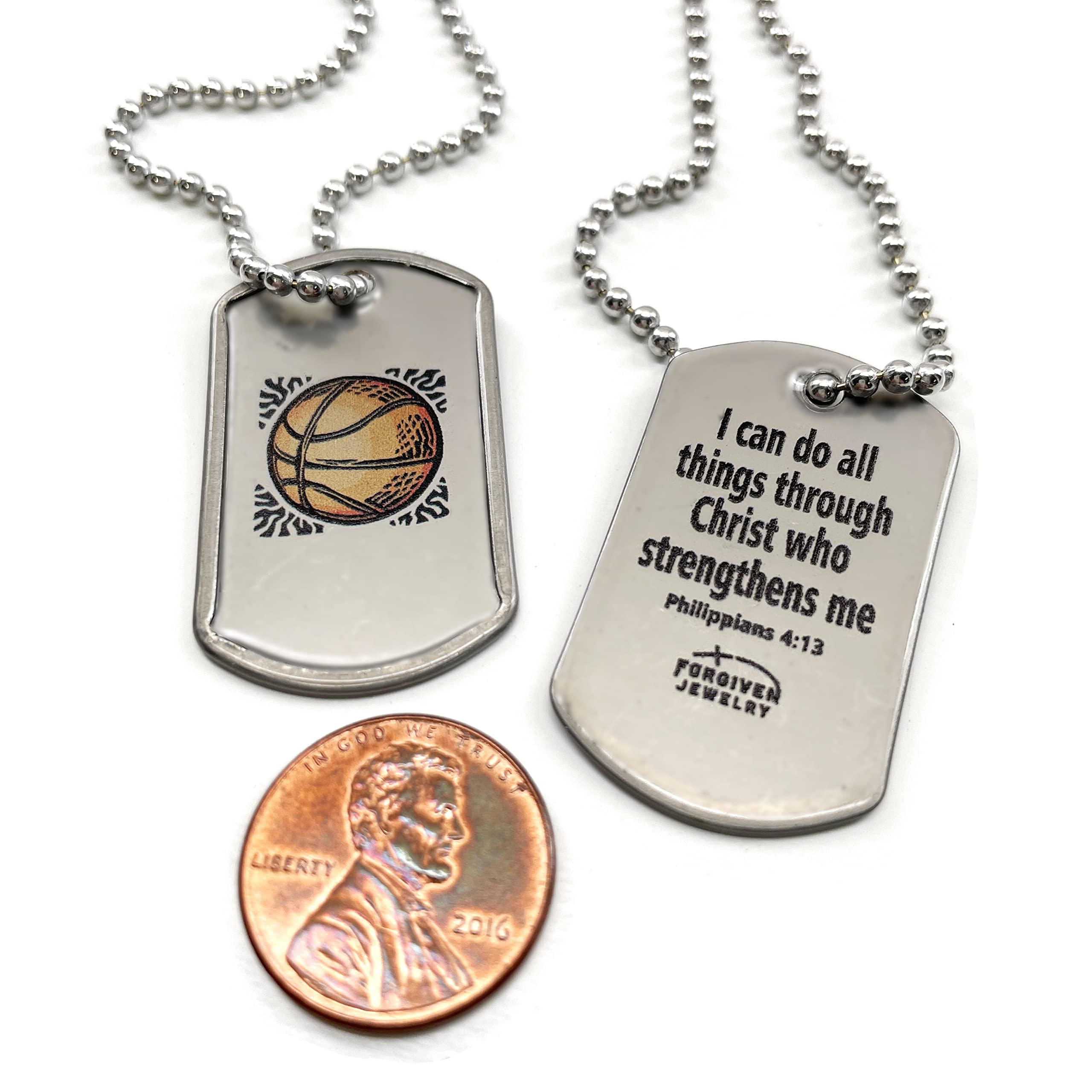 FORGIVEN JEWELRY Phil 413 Basketball Mini Dog Tag Necklace I Can Do All Things Through Christ