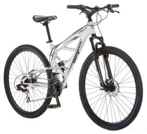 mongoose impasse full suspension mountain bike, men and women, 18-inch aluminum frame, 29-inch wheels, front and rear disc brakes, twist shifters, 21-speed rear deraileur, silver