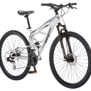 Mongoose Impasse Full Suspension Mountain Bike, Men and Women, 18-Inch Aluminum Frame, 29-Inch Wheels, Front and Rear Disc Brakes, Twist Shifters, 21-Speed Rear Deraileur, Silver