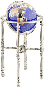 unique art 36-inch by 13-inch floor standing blue lapis gemstone world globe with silver 4-leg stand