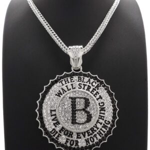 GWOOD Black Wall Street Pendant with Crystal Rhinestones and Silver Color 36 Inch Franco Necklace