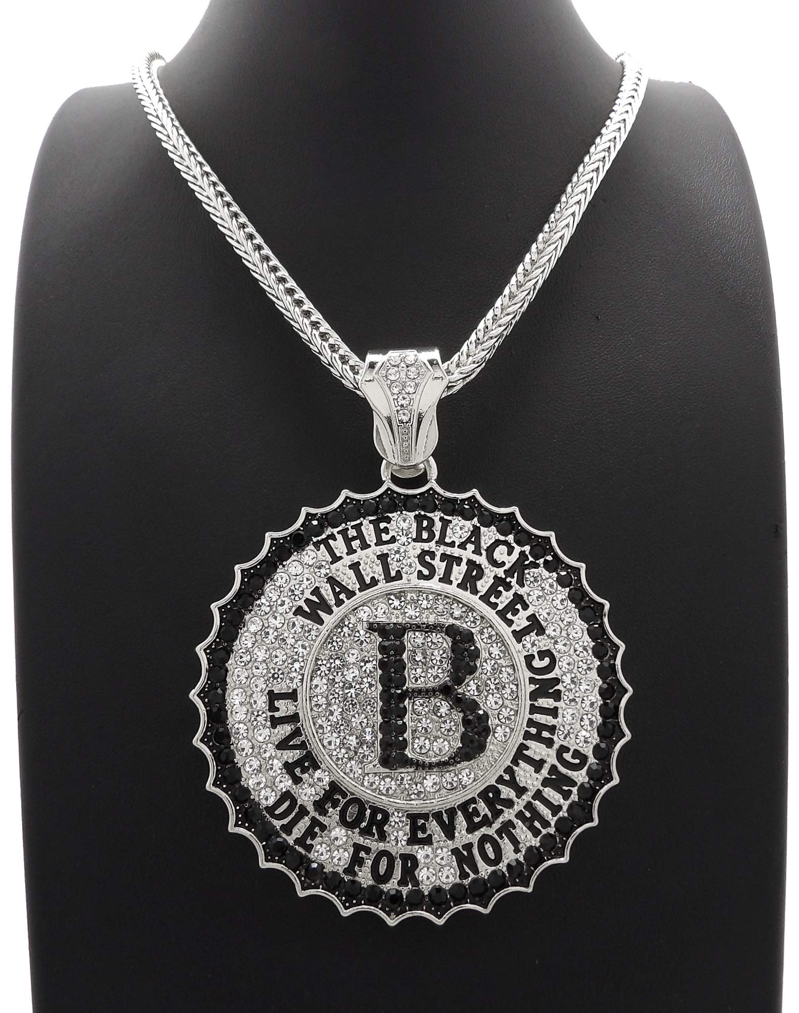 GWOOD Black Wall Street Pendant with Crystal Rhinestones and Silver Color 36 Inch Franco Necklace