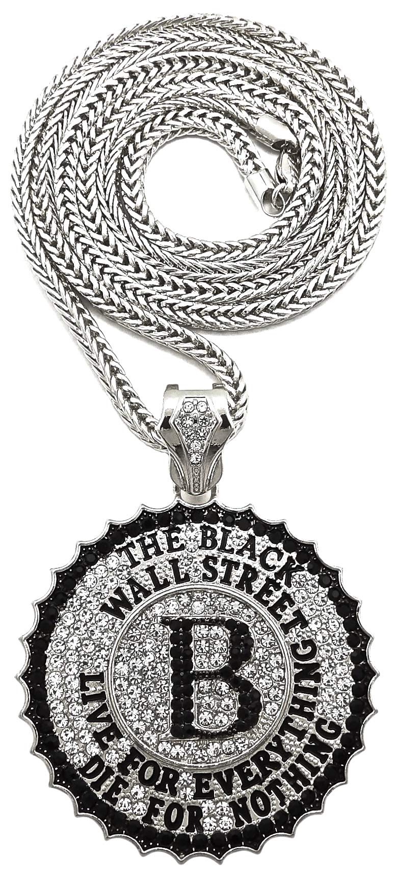 GWOOD Black Wall Street Pendant with Crystal Rhinestones and Silver Color 36 Inch Franco Necklace