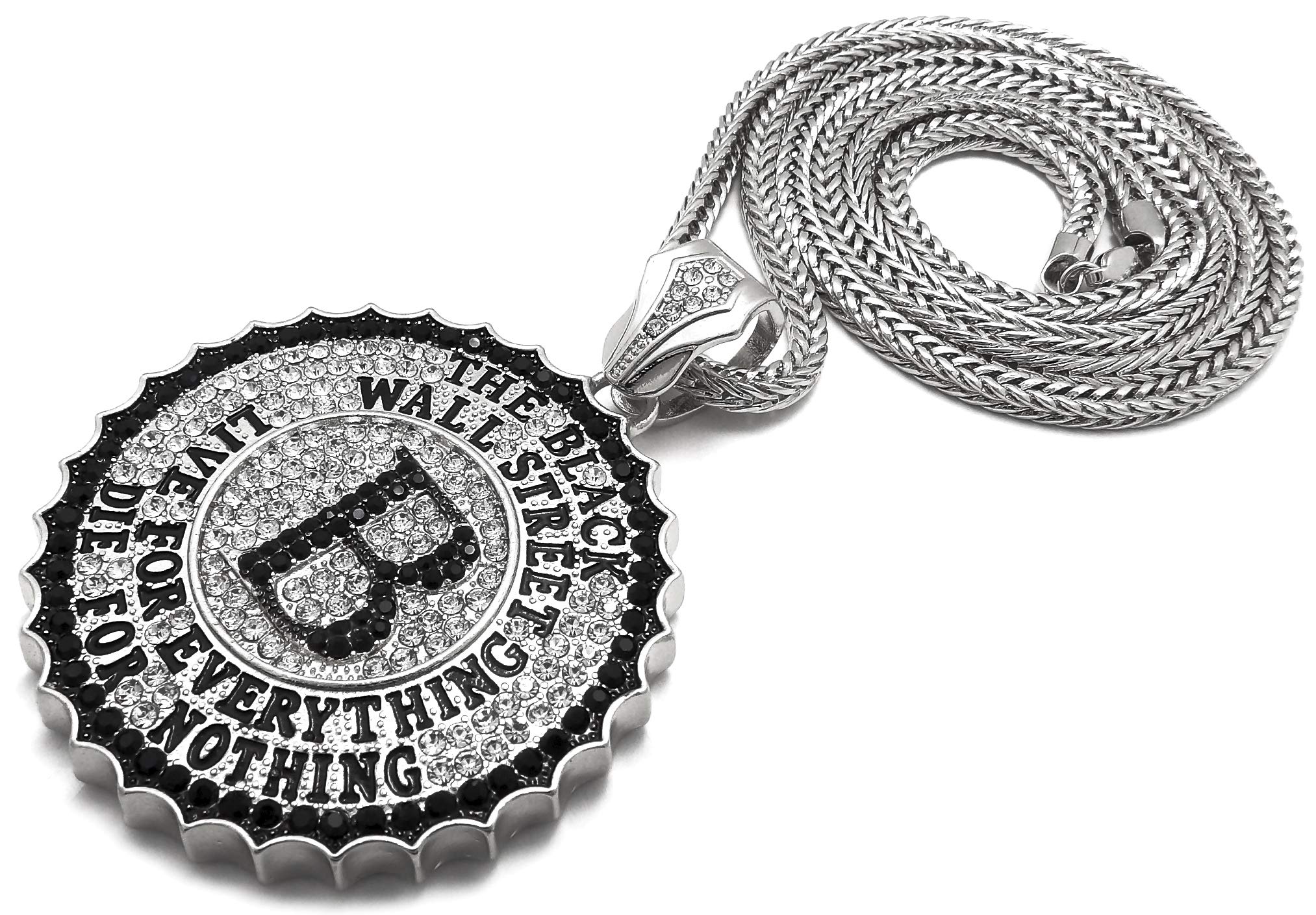 GWOOD Black Wall Street Pendant with Crystal Rhinestones and Silver Color 36 Inch Franco Necklace