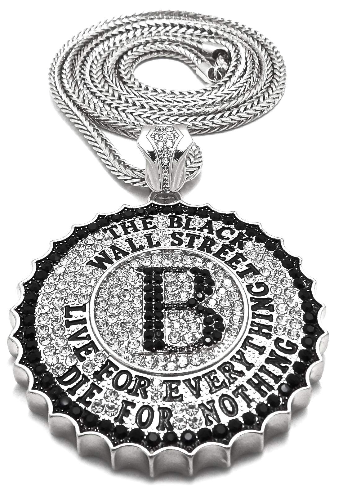 GWOOD Black Wall Street Pendant with Crystal Rhinestones and Silver Color 36 Inch Franco Necklace