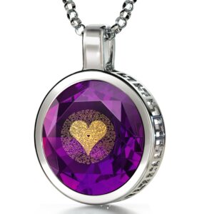 nanostyle 925 sterling silver i love you necklace pure gold inscribed in 120 languages including on round cut dark purple cubic zirconia gemstone anniversary birthday gift pendant for wife, 18" chain