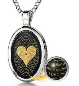 nanostyle love necklace i love you pendant inscribed in 120 languages in pure gold on onyx romantic christmas jewelry for wife 925 sterling silver birthday gemstone for women, 18" chain