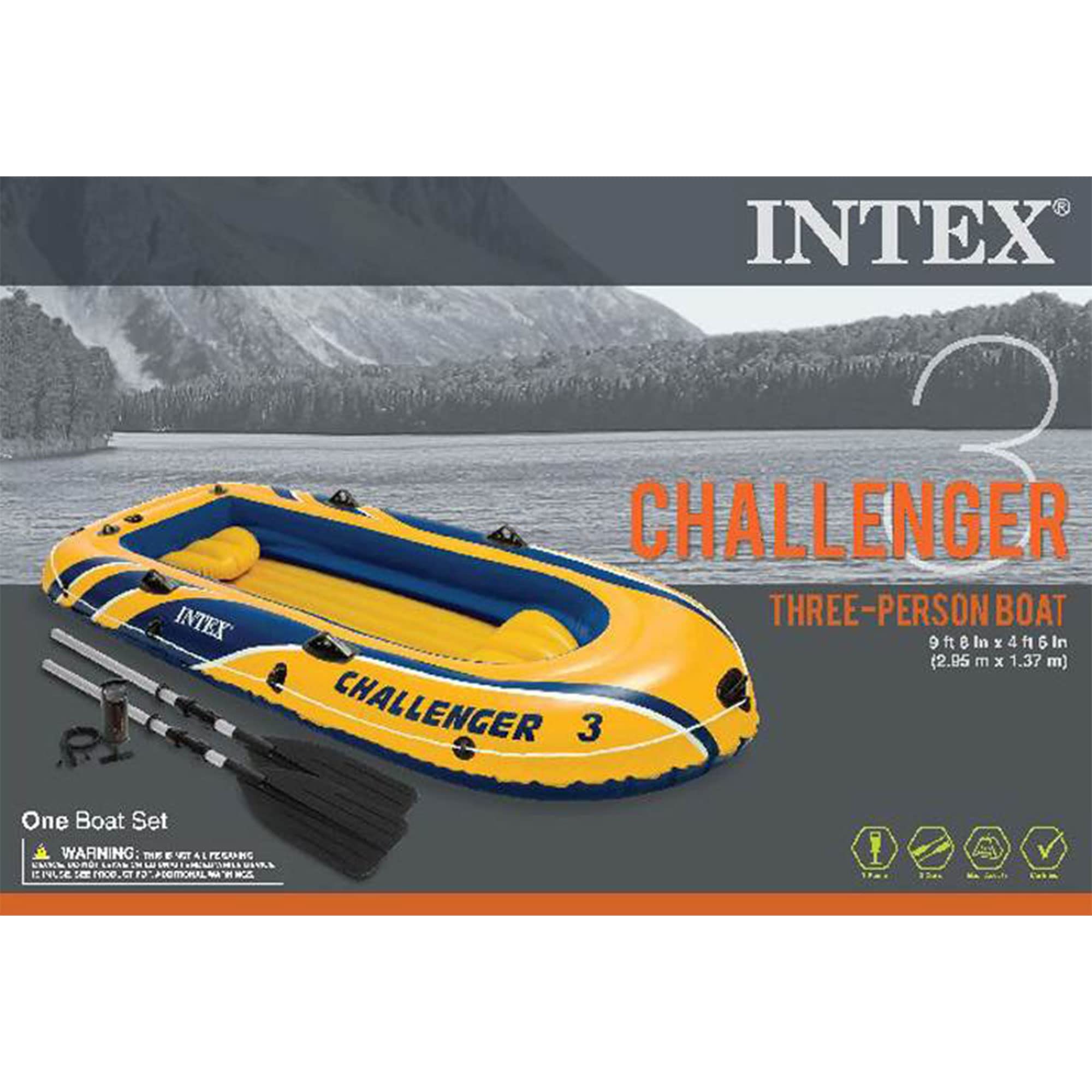 Intex Challenger 3 Boat 2 Person Raft & Oar Set Inflatable with Motor Mount Kit