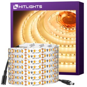 hitlights led strip lights warm white 3000k, 16.4ft high density tape light, ul-listed, 600 leds, 300lm/ft, 12v flexible dimmable rope lights for bedroom, kitchen, cabinet (power source not included)