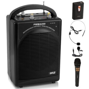 pyle portable pa speaker & microphone system - fm stereo radio, built-in rechargeable battery, aux & microphone inputs, includes beltpack, hand-held headset & lavalier mics - black