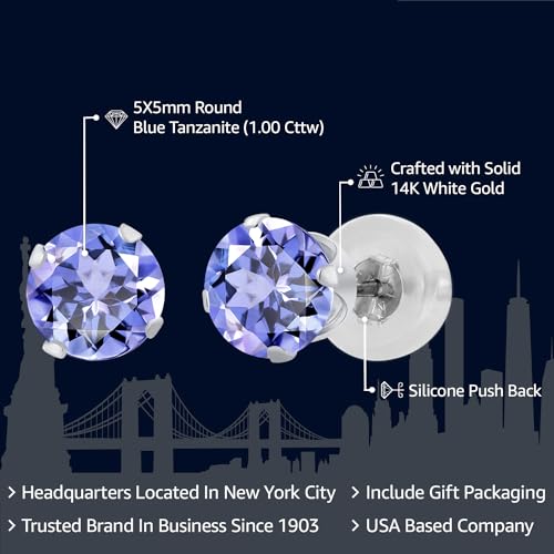 Gem Stone King 14K White Gold Tanzanite Stud Earrings For Women (1.00 Cttw, Gemstone Birthstone, Round 5MM)