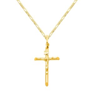 the world jewelry center 14k real yellow gold crucifix cross pendant with 2mm figaro chain necklace - 22"