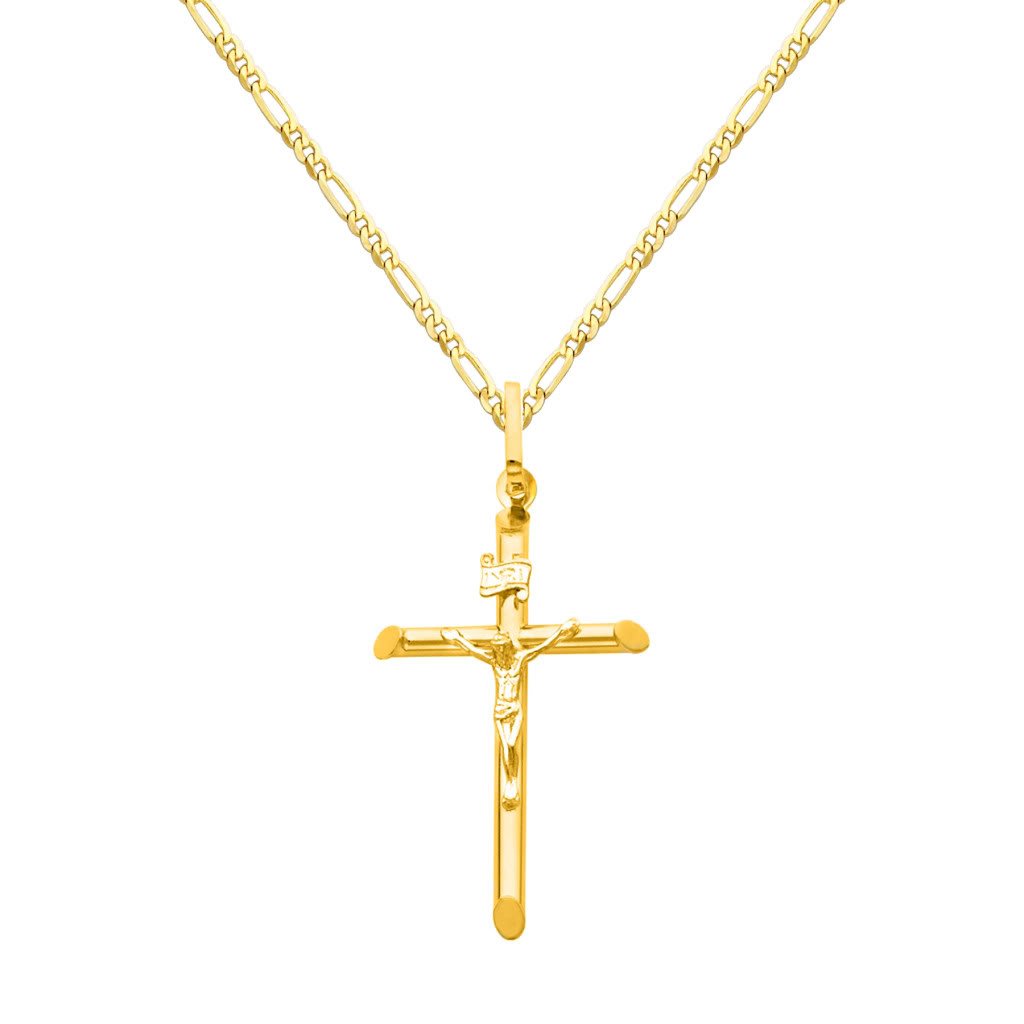 The World Jewelry Center 14k REAL Yellow Gold Crucifix Cross Pendant with 2mm Figaro Chain Necklace - 22"