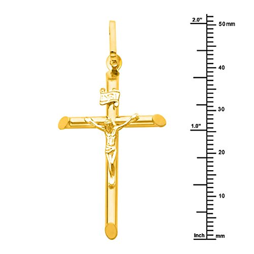 The World Jewelry Center 14k REAL Yellow Gold Crucifix Cross Pendant with 2mm Figaro Chain Necklace - 22"