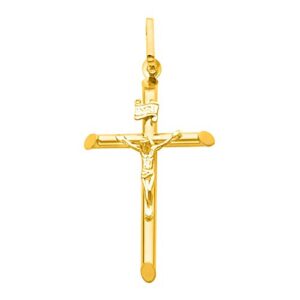 The World Jewelry Center 14k REAL Yellow Gold Crucifix Cross Pendant with 2mm Figaro Chain Necklace - 22"