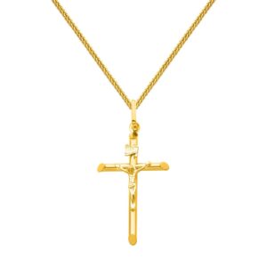 the world jewelry center 14k real yellow gold crucifix cross pendant with 1mm braided square wheat chain necklace - 18"