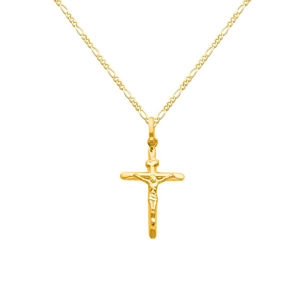 The World Jewelry Center 14k REAL Yellow Gold Crucifix Cross Pendant with 1.6mm Figaro Chain Necklace - 18"