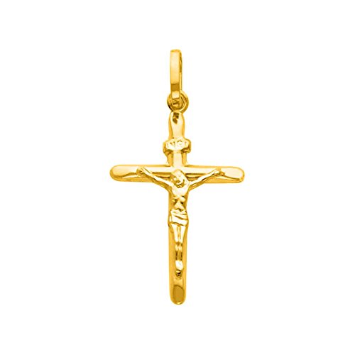 The World Jewelry Center 14k REAL Yellow Gold Crucifix Cross Pendant with 1.6mm Figaro Chain Necklace - 18"