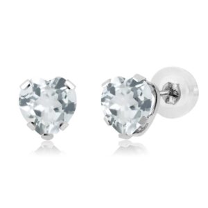 Gem Stone King 14K White Gold Sky Blue Aquamarine Stud Earrings For Women (0.76 Cttw, Gemstone Birthstone, Heart Shape 5MM)