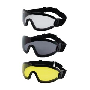 global vision 3 motorcycle goggles clear smoke yellow anti-fog lenses flare skydive goggles