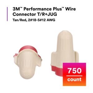 3M Performance Plus Wire Connector, Flexible Steel Spring Connectors, 22-8 AWG, Tan and Red Color (T/R+), Jug of 750, Tan/Red