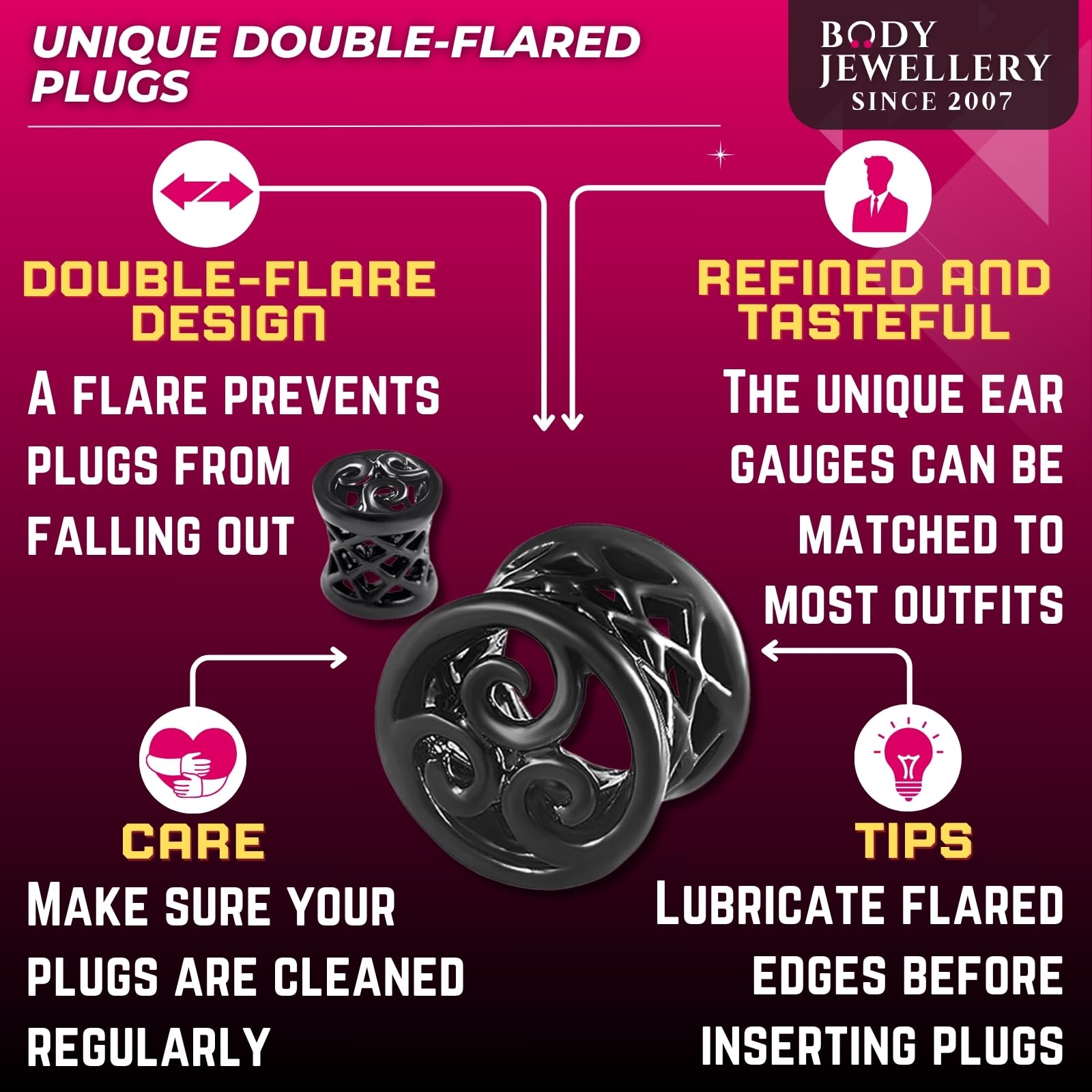 bodyjewellery 00g 00 gauge 10mm Black Double Flare Ear Large Gauge Plugs Flesh Tunnels AFXM Ear Stretchers Piercing BKT003