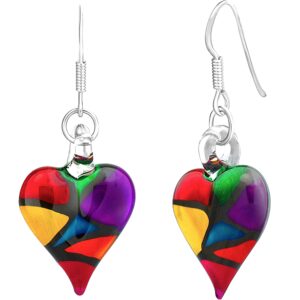 chuvora heart earrings, murano glass earrings, heart earings, heart dangle earrings for women, stained glass earrings