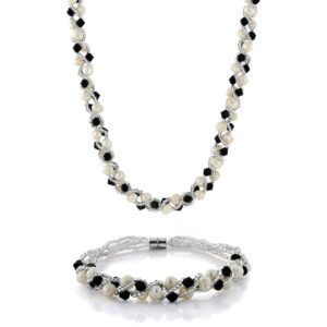 gem stone king white cultured freshwater pearl and black crystal necklace bracelet wedding jewelry set for women | necklace 17 inch | bracelet 7 inch