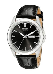 citizen quartz mens watch, stainless steel with leather strap, casual, black (model: bf0580-06e)