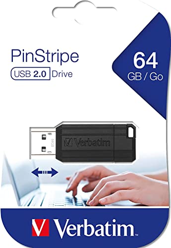 Verbatim 64GB PinStripe Retractable USB 2.0 Flash Thumb Drive with Microban Antimicrobial Product Protection – Black