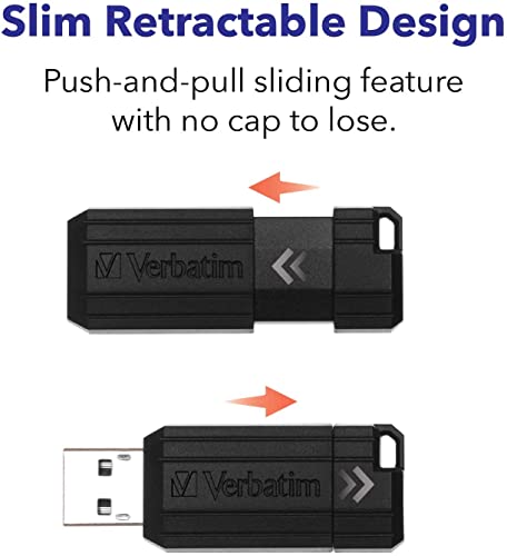 Verbatim 64GB PinStripe Retractable USB 2.0 Flash Thumb Drive with Microban Antimicrobial Product Protection – Black