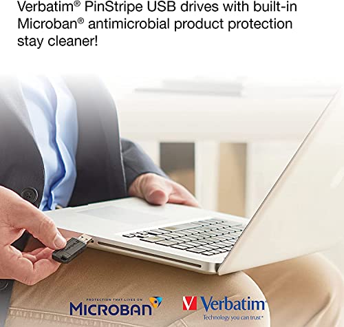 Verbatim 64GB PinStripe Retractable USB 2.0 Flash Thumb Drive with Microban Antimicrobial Product Protection – Black