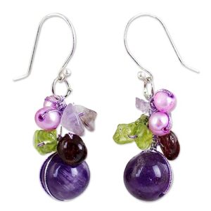 novica artisan handcrafted amethyst cluster earrings | pearl dangle earrings | sterling silver earrings | multi color purple earrings | natural healing crystal earrings | thailand birthstone bright