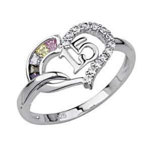 the world jewelry center .925 sterling silver rhodium plated sweet 15 heart ring - size 7