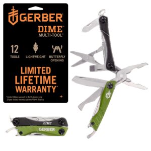 gerber gear dime 12-in-1 mini multi-tool - needle nose pliers, pocket knife, keychain, bottle opener - edc gear and equipment - green