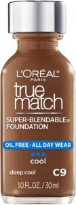 l'oreal paris makeup true match super-blendable liquid foundation, deep cool c9, 1 fl oz, 1 count