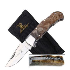 elk ridge - outdoors gentleman's folding knife, 2.75-in satin finish stainless steel blade, burl wood handle with custom file work, nylon pouch - edc, camping, hunting, survival - er-138, multicolor, one size