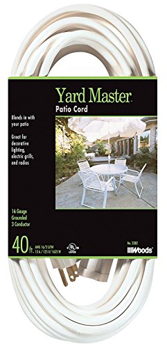 Yard Master 992382 White Patio 40-Foot; 3-Pronged; 16 Gauge Extension Cord; 13 AMPS; 125 Volts; 1625 Watts; Ideal for Use with Outdoor Appliances; Decorative Lights and Holiday Displays