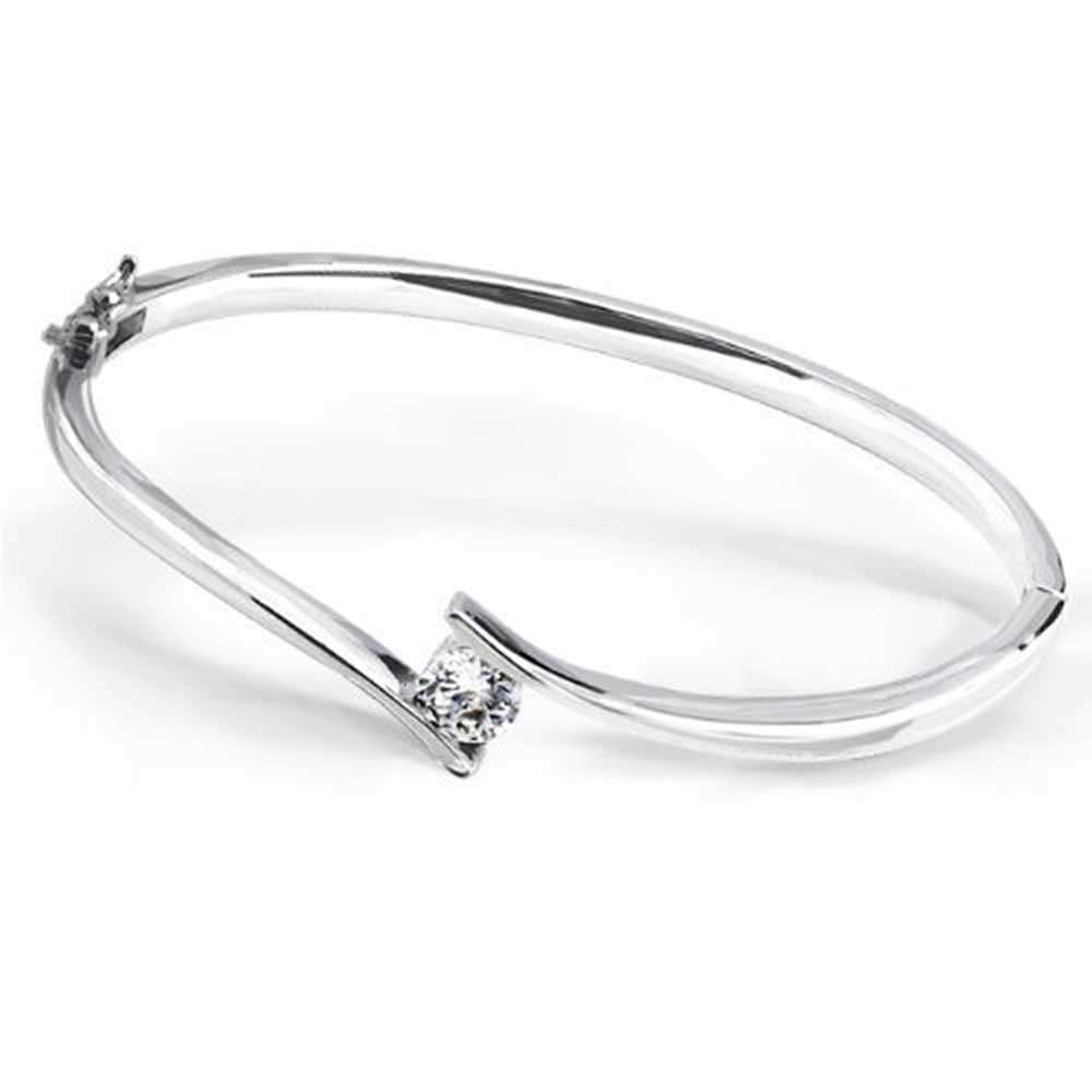 Simple Geometric AAA CZ Solitaire Bypass Bangle Bracelet For Women For Girlfriend .925 Sterling Silver Safety Clasp