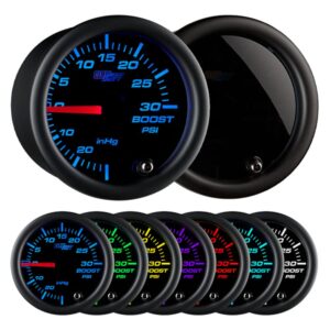 glowshift tinted 7 color 30 psi turbo boost/vacuum gauge kit - includes mechanical hose & t-fitting - black dial - smoked lens - for car & truck - 2-1/16" 52mm