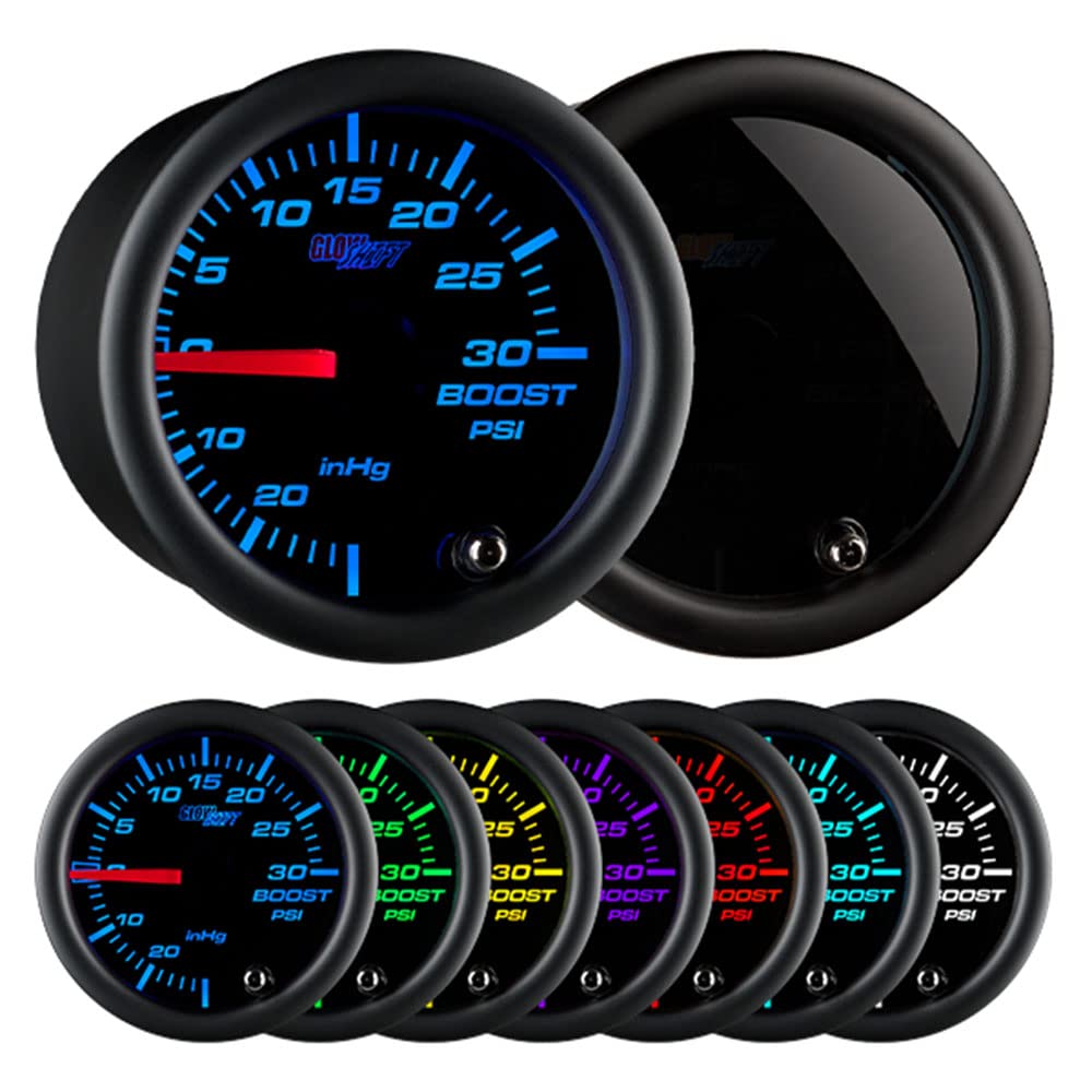 GlowShift Tinted 7 Color 30 PSI Turbo Boost/Vacuum Gauge Kit - includes Mechanical Hose & T-Fitting - Black Dial - Smoked Lens - for Car & Truck - 2-1/16" 52mm