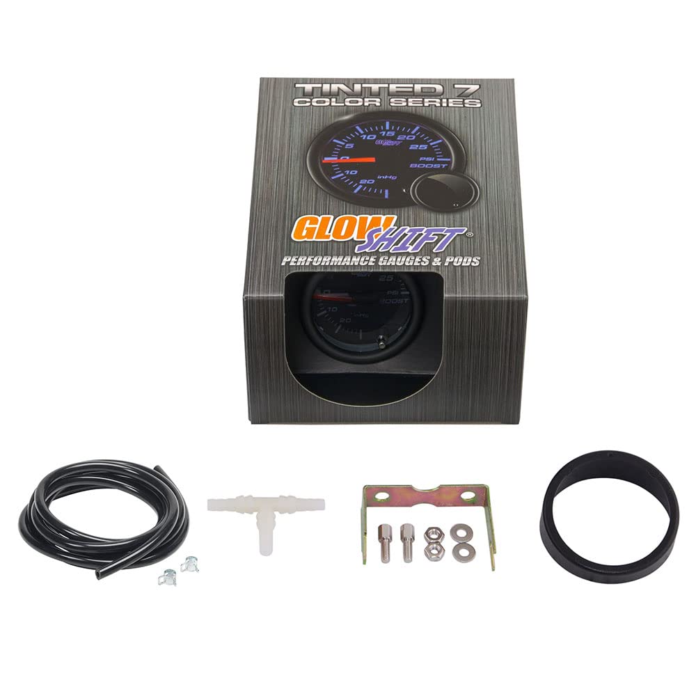 GlowShift Tinted 7 Color 30 PSI Turbo Boost/Vacuum Gauge Kit - includes Mechanical Hose & T-Fitting - Black Dial - Smoked Lens - for Car & Truck - 2-1/16" 52mm