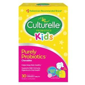 culturelle kids chewable daily probiotic for kids, ages 3+, 30 count, #1 pediatrician-recommended brand, natural berry flavored daily probiotics for digestive health, oral care & immune support