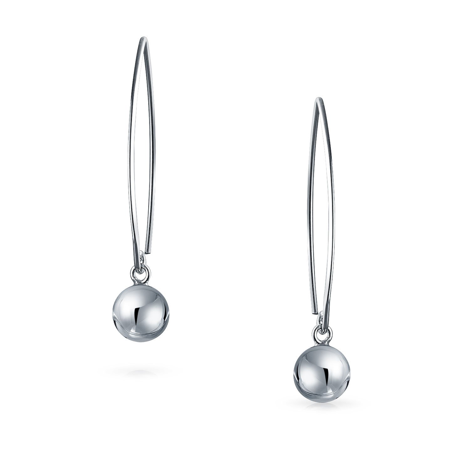 Minimalist Geometric Linear Long Thin Ear Wire Threader Ball Drop Earrings For Women Teen .925 Sterling Silver 8MM Bead