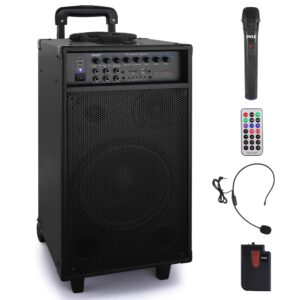 pyle 800 watt outdoor portable wireless pa loud speaker - 10'' subwoofer sound system with charge dock, rechargeable battery, radio, usb / sd reader, microphone, remote, wheels - pwma1090ui