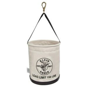 klein tools 5109slr canvas bucket, all-purpose tool bucket with plastic bottom with drain holes, work bucket is load rated up to 150-pounds